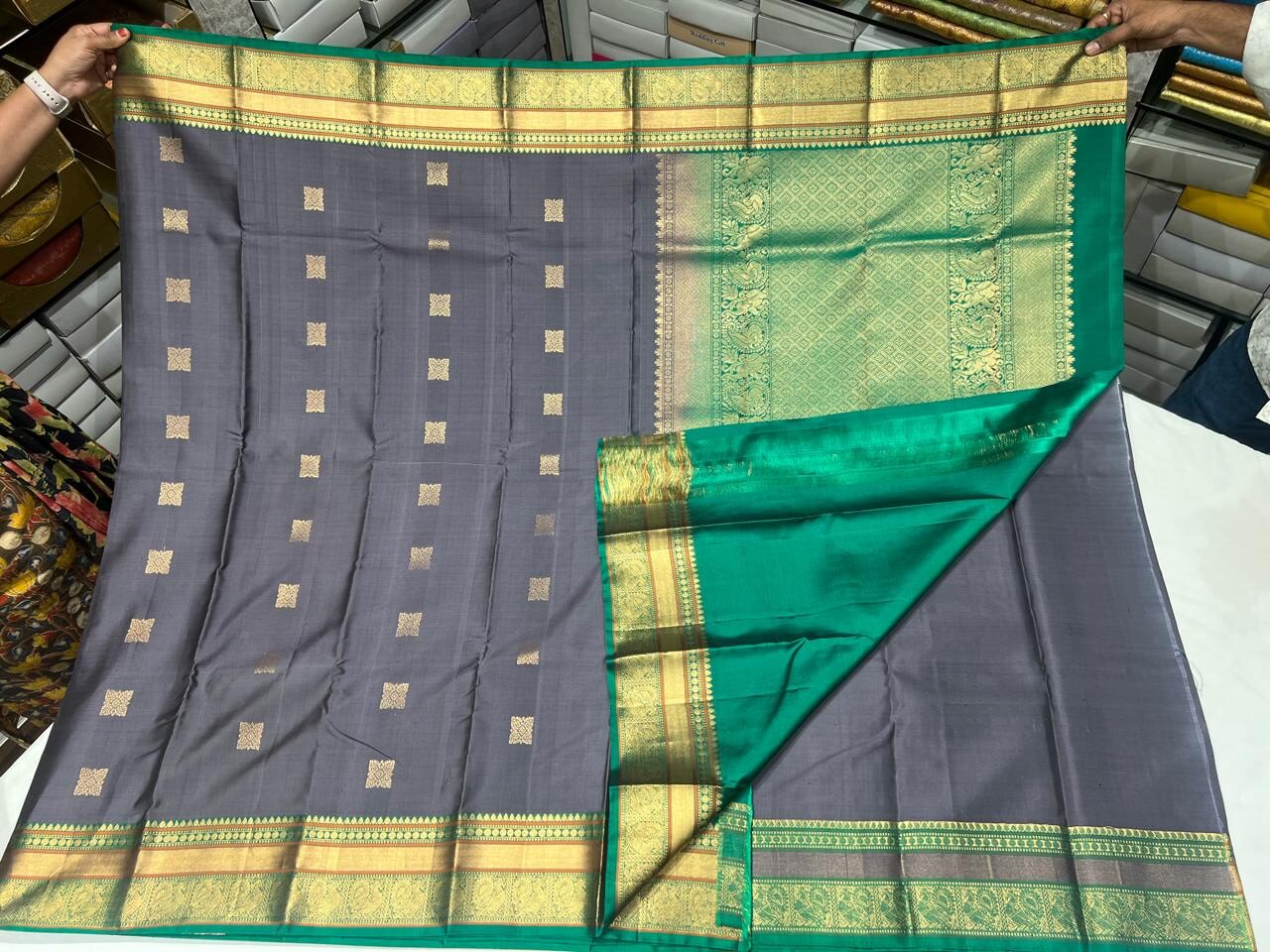 Grey & Green Kanchipuram Silk Saree with Golden Zari Border and Rich ...